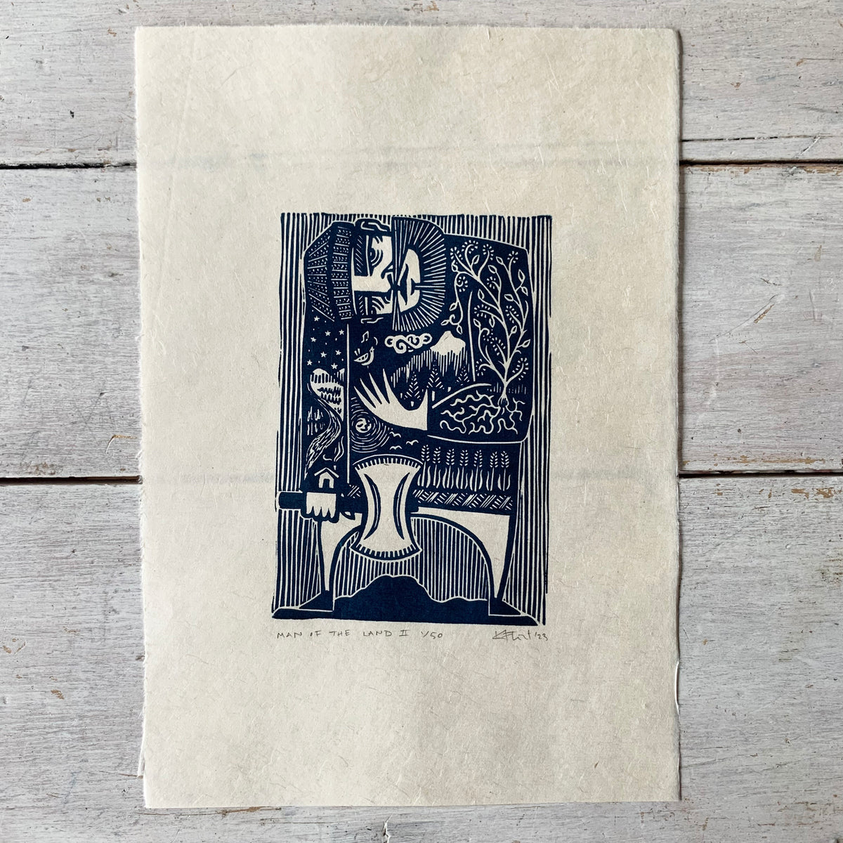 Man of the Land II - *2023 Edition* linocut print (dark blue; 16 cm x ...